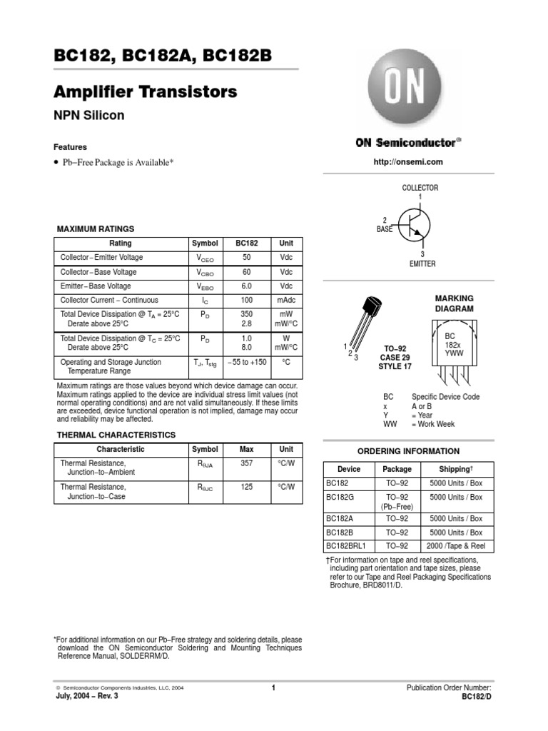 BC182, BC182A, BC182B Amplifier Transistors: NPN Silicon | PDF | Electronic Engineering ...