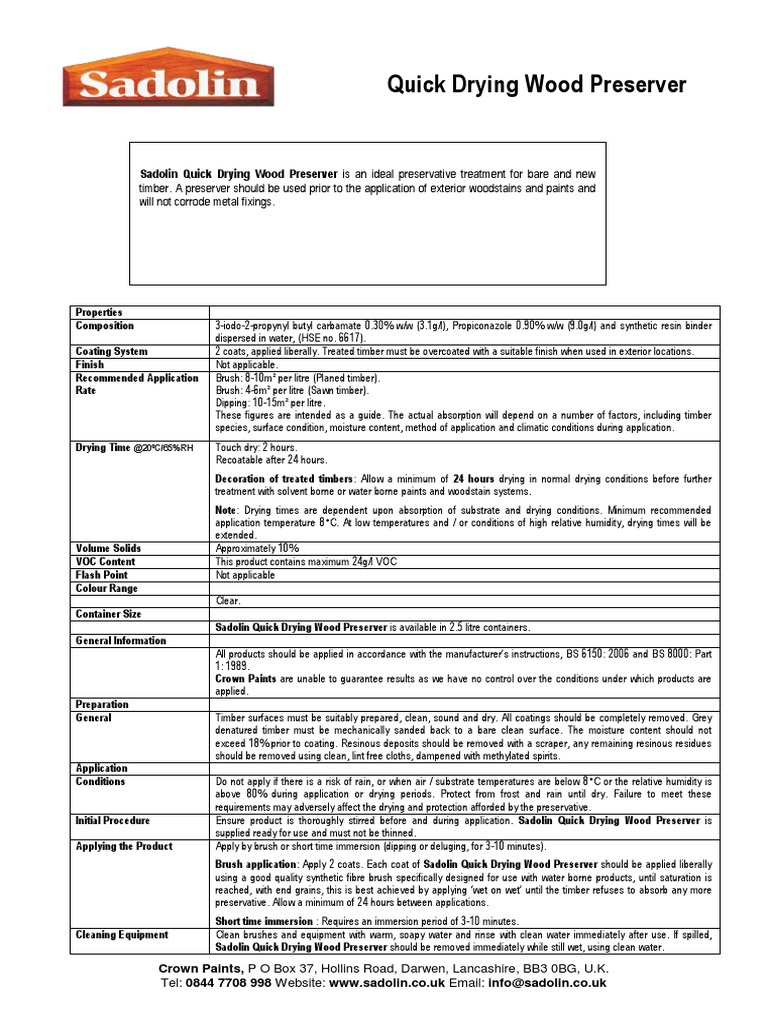 Sadolin Quick Drying Wood Preserver Technical Data Sheet | PDF | Lumber ...
