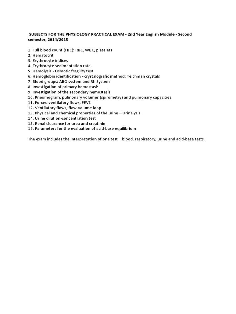 Subjects For The Physiology Practical Exam - Sem 2 - 2015 | PDF