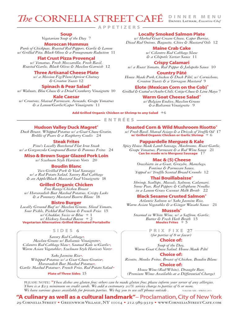 E Cornelia Street Café: Dinner Menu | PDF