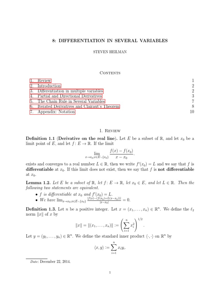 Differentiation in Several Variables | PDF | Derivative | Matrix ...