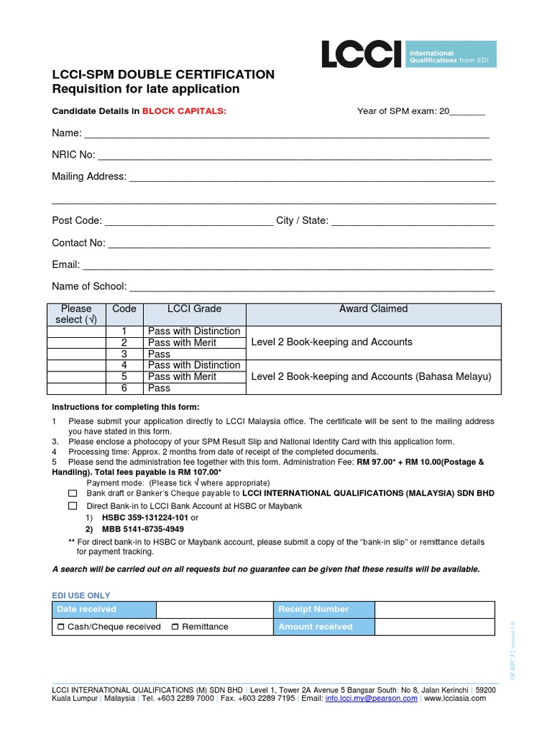 LCCI-SPM Double Certification Application | PDF | Bookkeeping | Mail