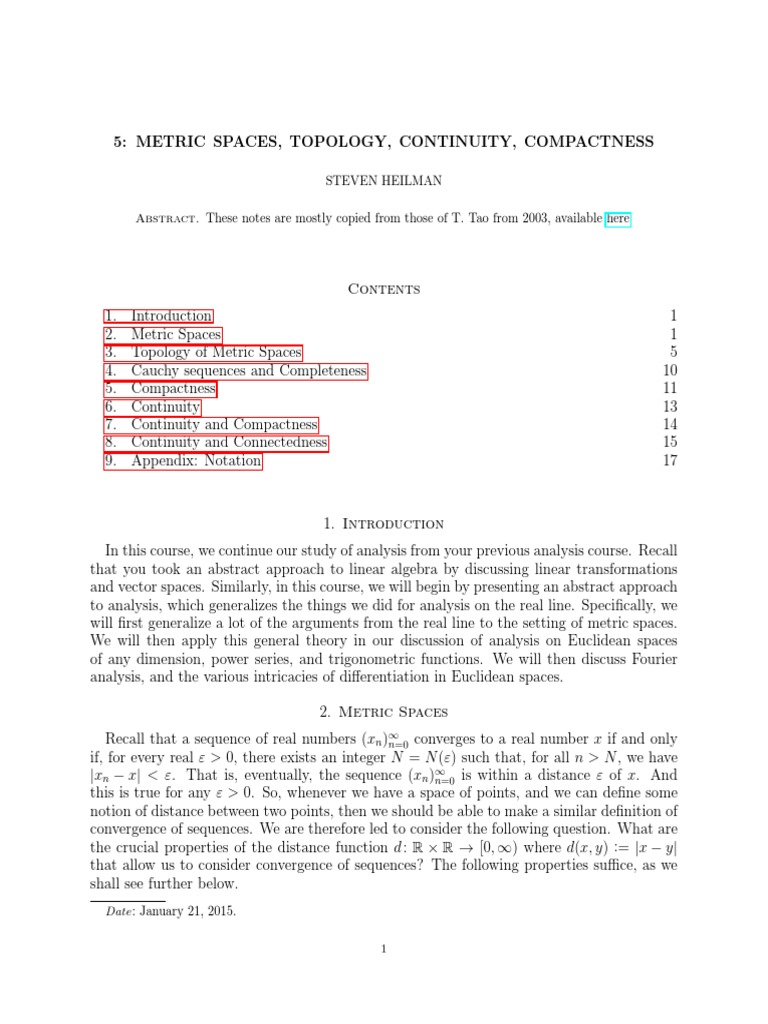 Metric Spaces, Topology, Continuity, Compactness | PDF | Compact Space | Metric Space