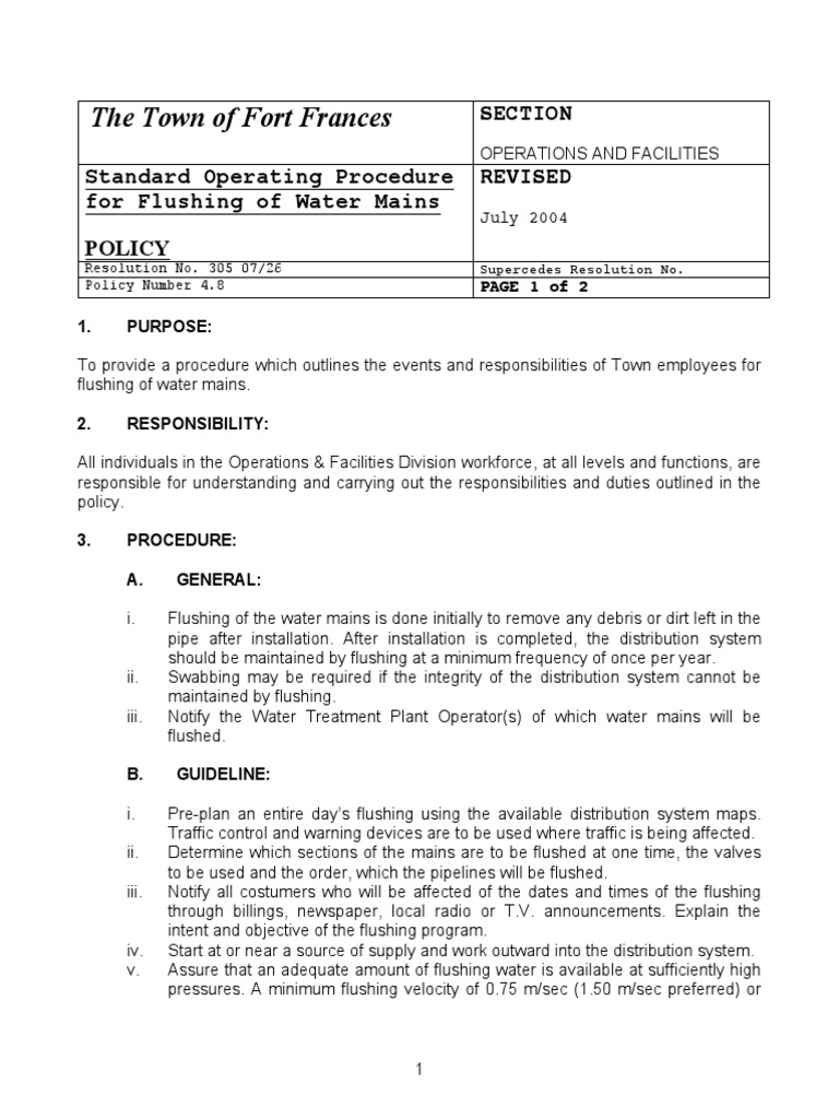 Standard Operating Procedure, Flushing Water Mains | PDF | Water Supply ...