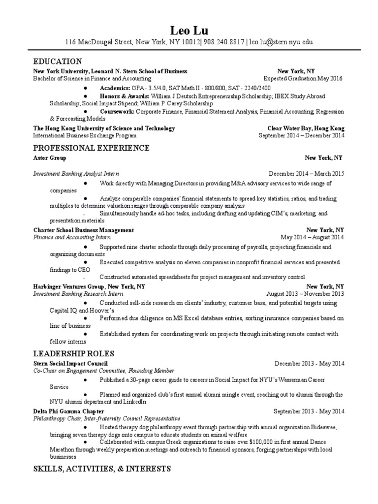 Lu Leo Resume | PDF | Investment Banking | Financial Analyst