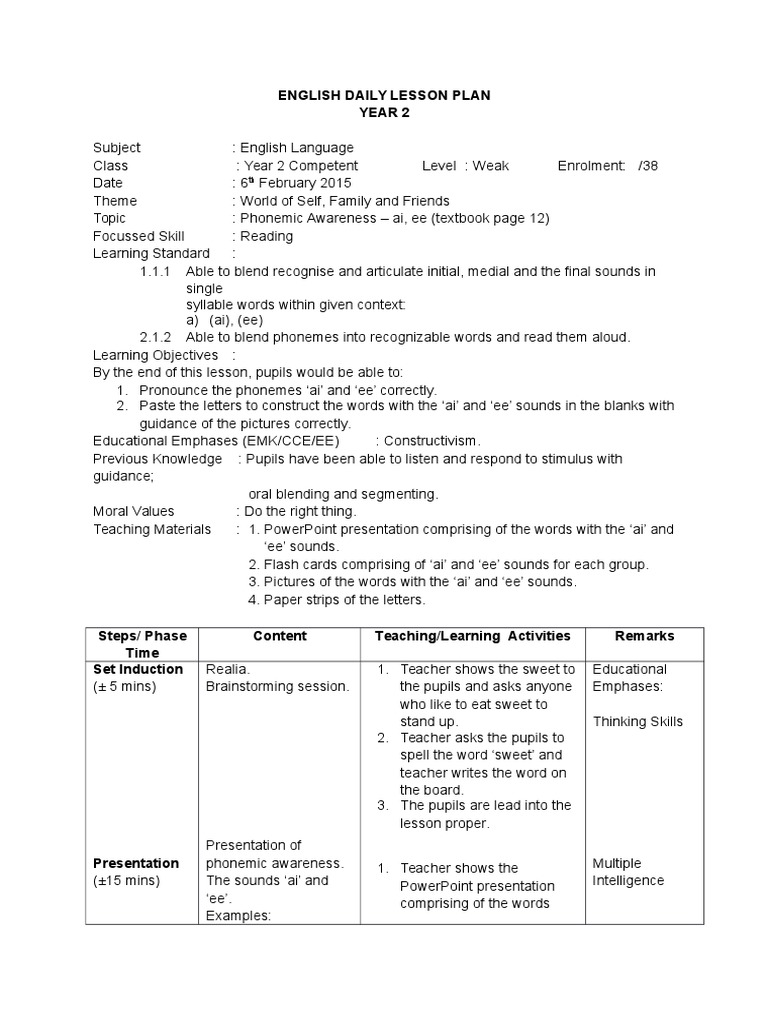 English Daily Lesson Plan Year 2 | PDF | Lesson Plan | Phonics