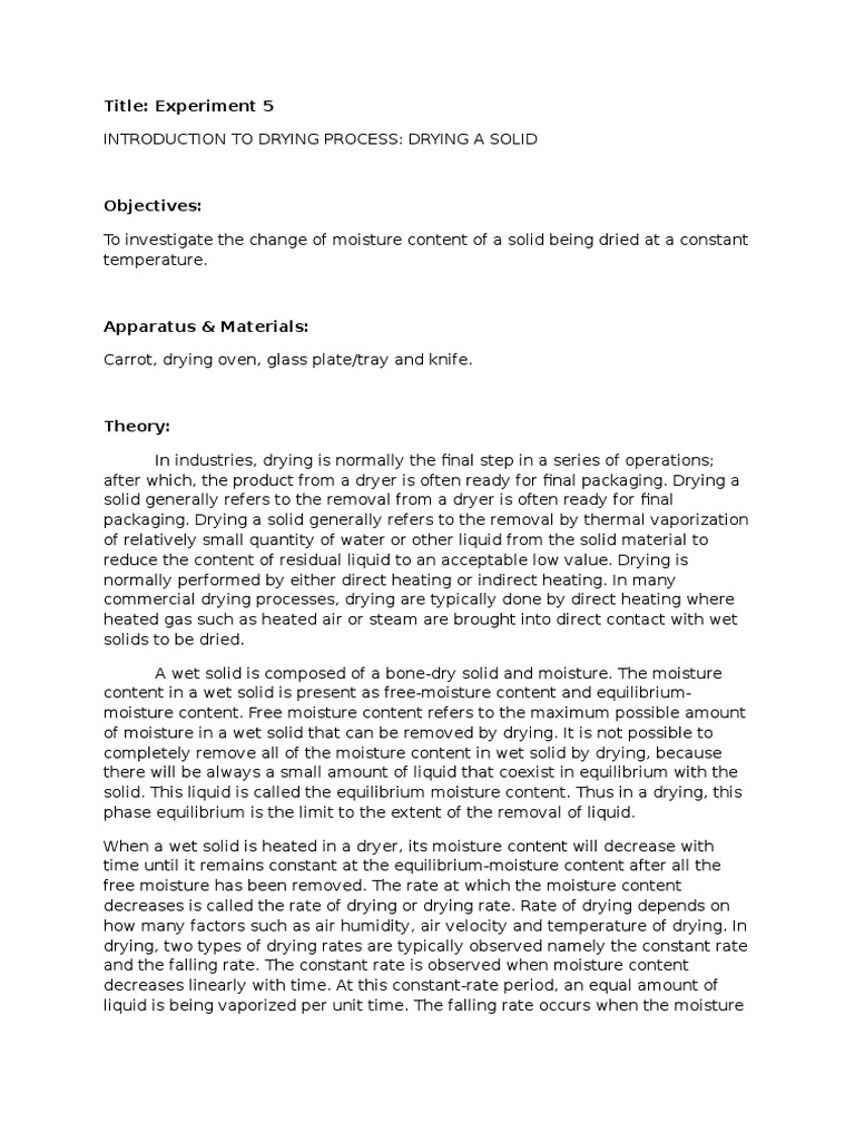 (Lab Report Operation Unit) Experiment 5: INTRODUCTION TO DRYING ... (Lab Report Operation Unit) Experiment 5: INTRODUCTION TO DRYING ...