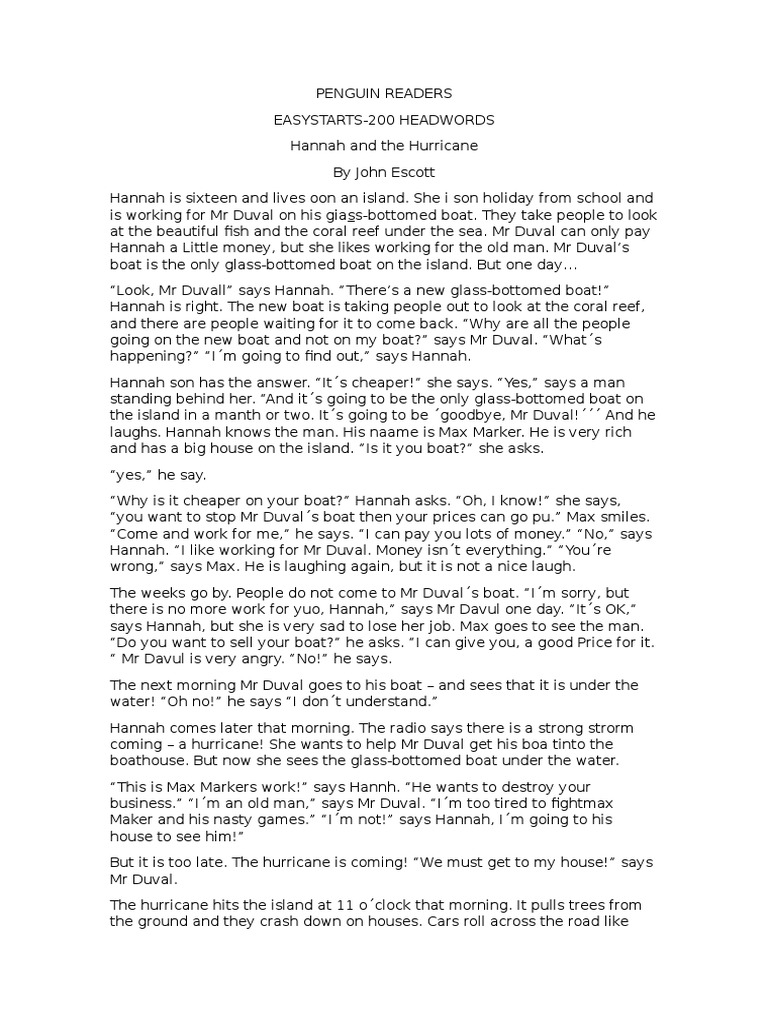 PENGUIN READERS EASYSTARTS-200 HEADWORDS Hannah and The Hurricane by John Escott | PDF | Leisure