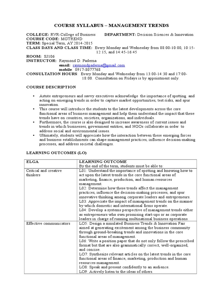 Course Syllabus - Management Trends | Download Free PDF ...