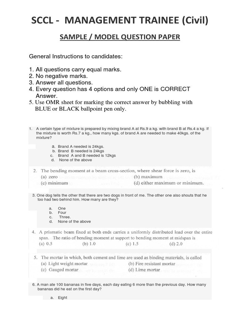 SCCL - Management Trainee (Civil) : Sample / Model Question Paper | PDF ...