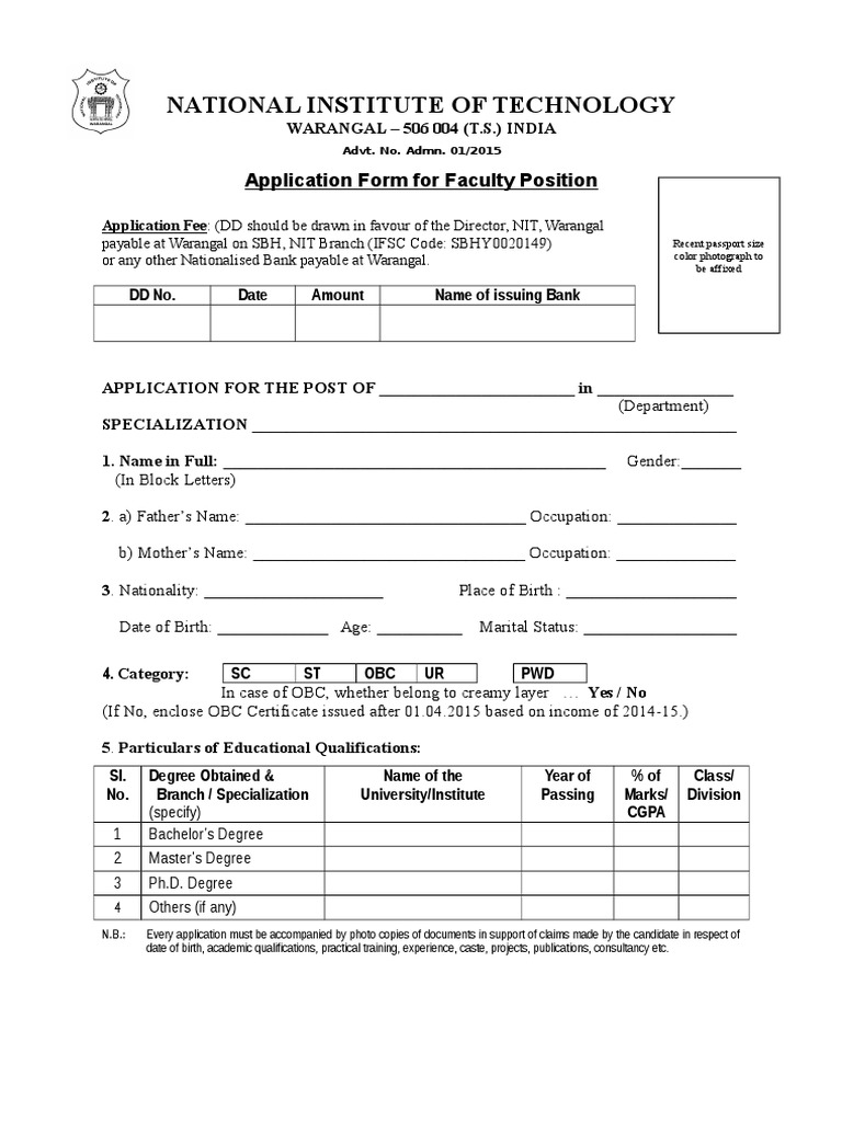 National Institute of Technology: Application Form For Faculty Position | PDF | Doctor Of ...
