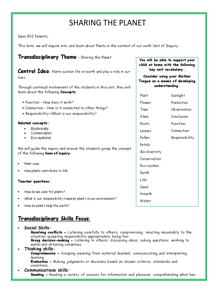 KG2 Unit: Plants and Planet Sustainability | PDF | Plants | Inquiry