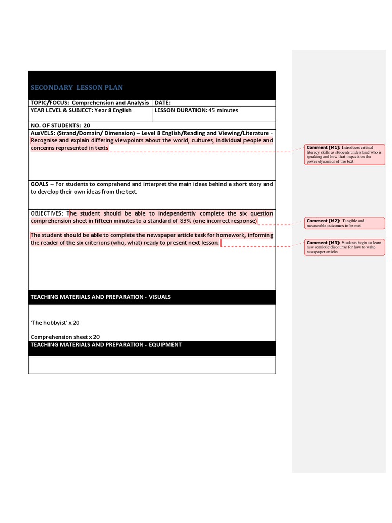 Reading Year 8 Lesson Plan | PDF | Reading Comprehension | Lesson Plan