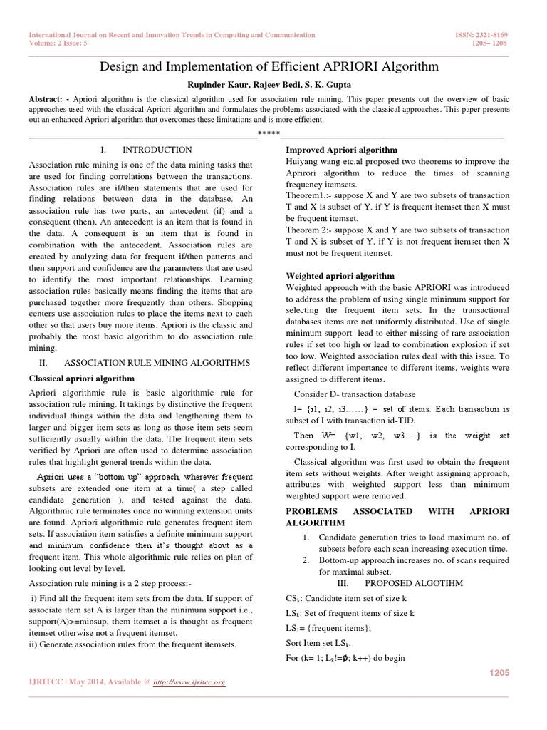 Design and Implementation of Efficient APRIORI Algorithm | PDF | Algorithms | Algorithms And ...