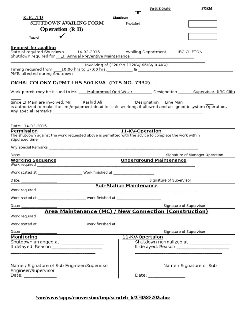 Operation: K.E.Ltd Shutdown Availing Form | PDF