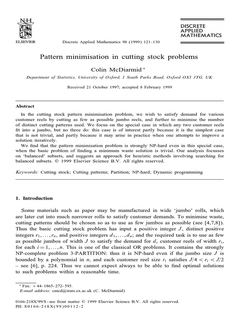 Pattern Minimisation in Cutting Stock Problems: Colin Mcdiarmid | PDF ...