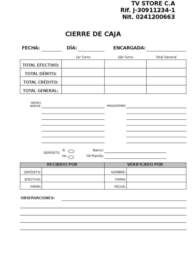 Formato Cierre de Caja | PDF