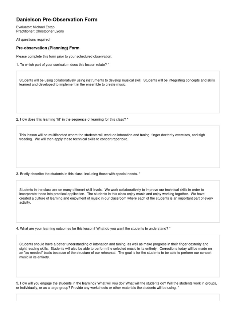 Danielson Pre-Observation Form 409 | PDF | Quality Of Life | Teaching