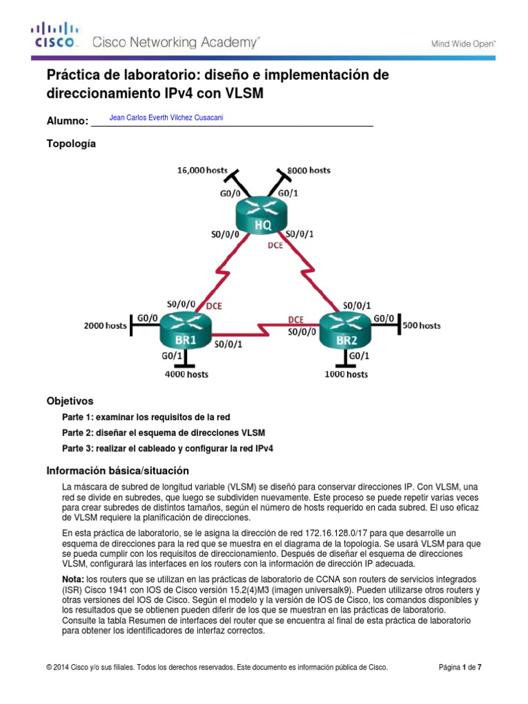 6.3.3.7 Lab - Diseno e Implementacion de Direccionamiento IPv4 Con VLSM | PDF | Dirección IP ...