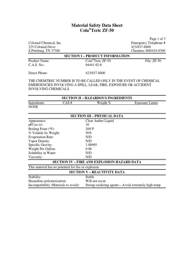 MSDS Colateric ZF-50 | PDF | Toxicity | Dangerous Goods