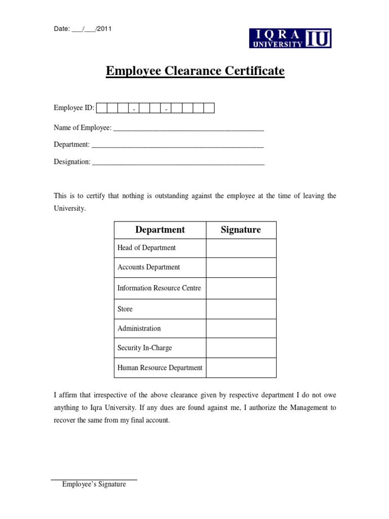 Employee Clearance Certificate Template | PDF