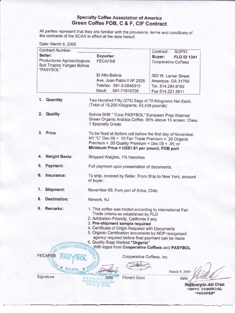 Green Coffee FOB, C & F, CIF Contract: Specialty Coffee Association of ...