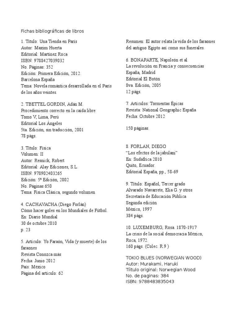 Fichas Bibliográficas de Libros 15 | PDF