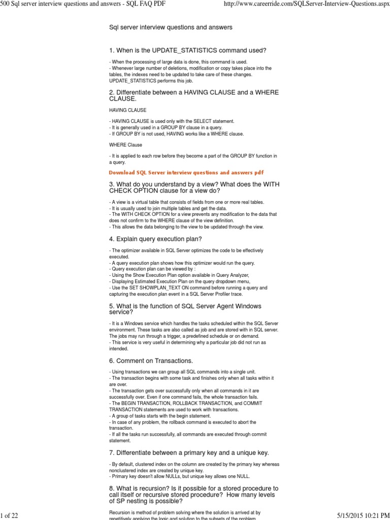 500 SQL Server Interview Questions and Answers - SQL FAQ PDF | PDF ... 500 SQL Server Interview Questions and Answers - SQL FAQ PDF | PDF ...