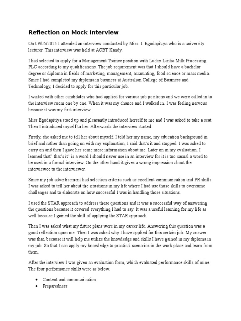 Reflection On Mock Interview | PDF | Interview | Communication