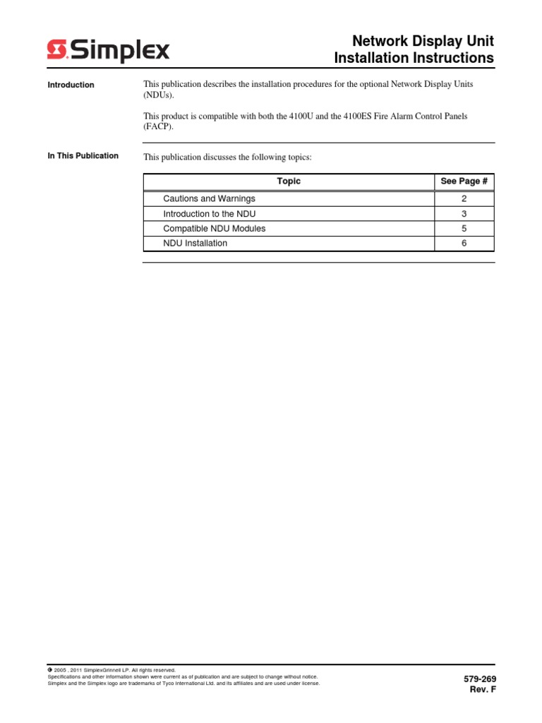 Simplex Installation Instructions Network Display Unit ...
