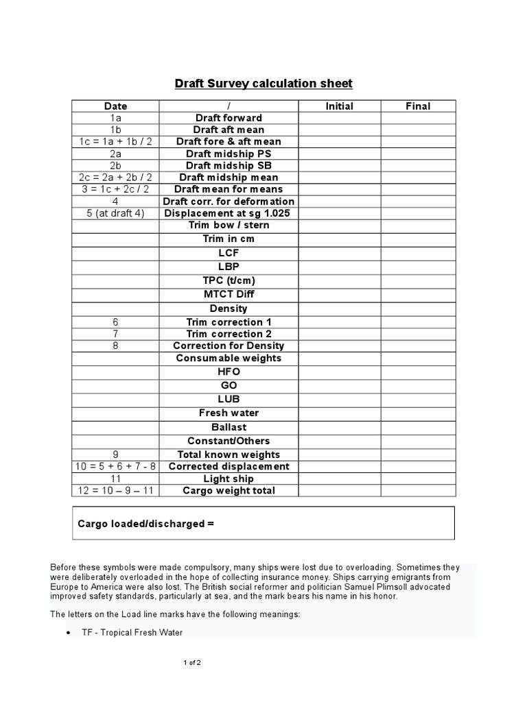 Draft Survey Calculation 1 | PDF