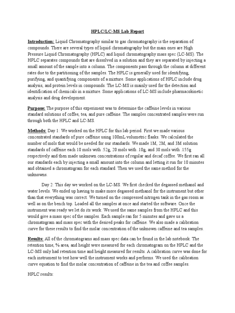 HPLC LCMS Lab Report | PDF | Liquid Chromatography–Mass Spectrometry ...