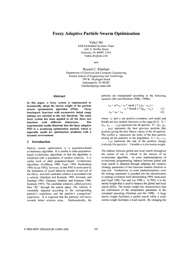 Fuzzy Adaptive Particle Swarm Optimization Pdf Fuzzy Logic Mathematical Optimization 