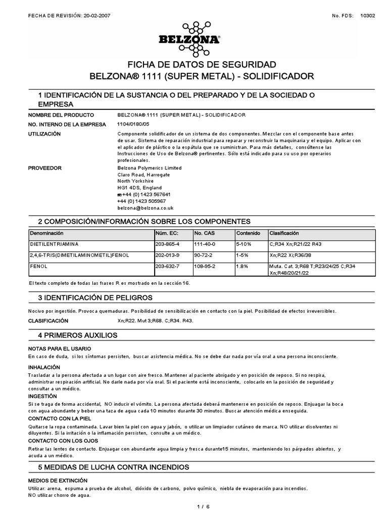 MSDS BELZONA 1111 | Agua | Residuos