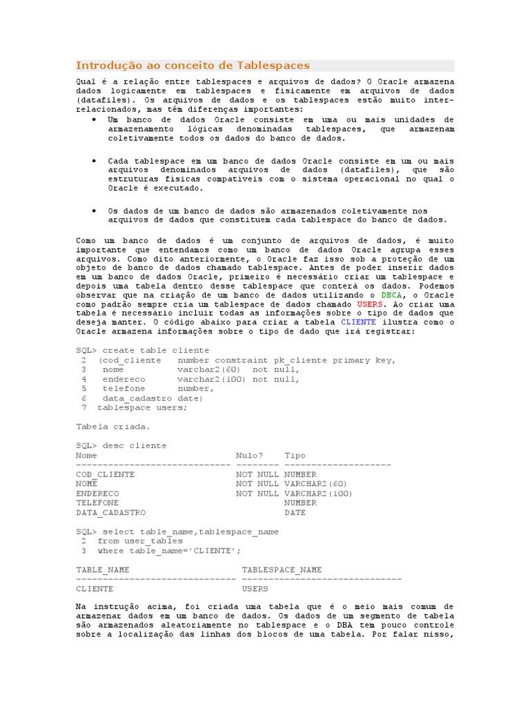 Introdução Ao Conceito de Tablespaces | PDF | Bancos de dados | Dados