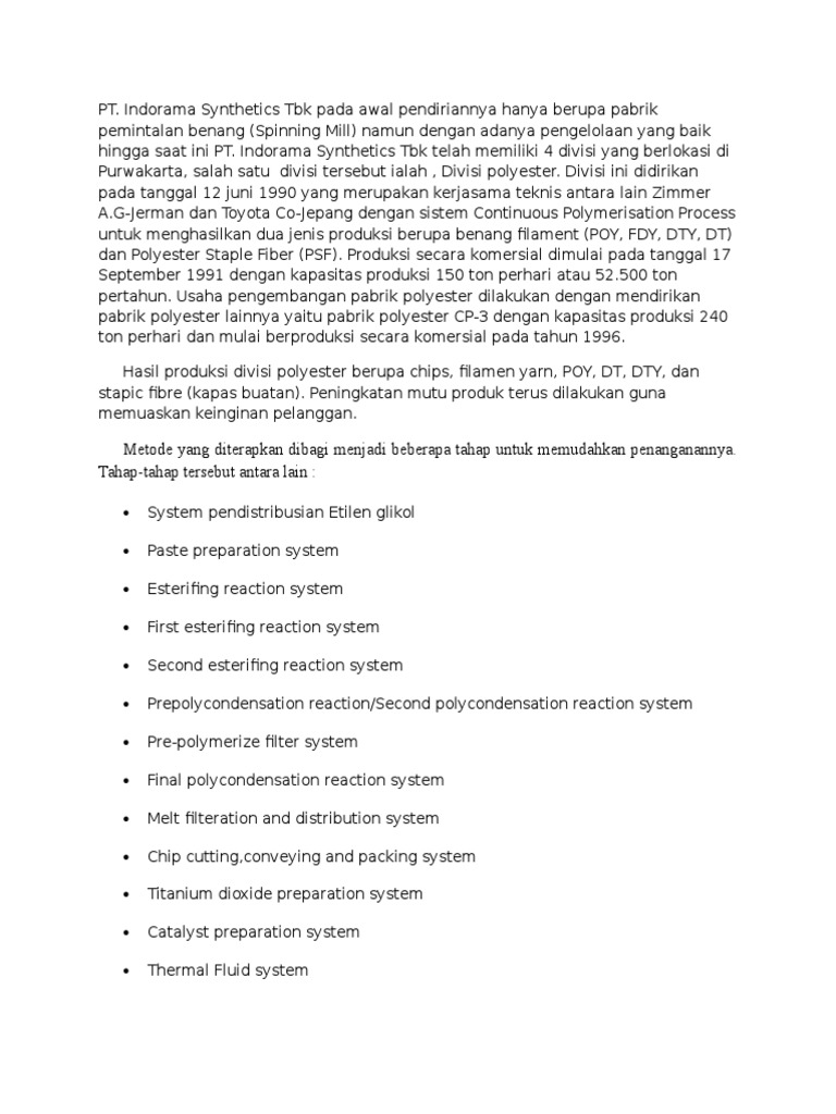 Perkembangan Divisi Polyester PT. Indorama Synthetics Tbk | PDF