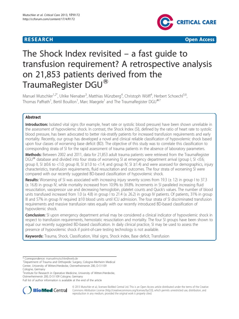 Utility of the Shock Index in Predicting Mortality in Traumatically ...