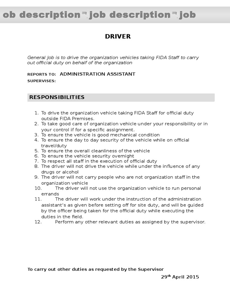 Driver Job Description | PDF | Career & Growth