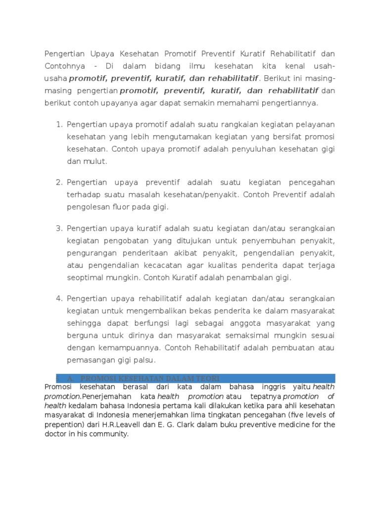 Pengertian Upaya Kesehatan Promotif Preventif Kuratif Rehabilitatif Dan ...