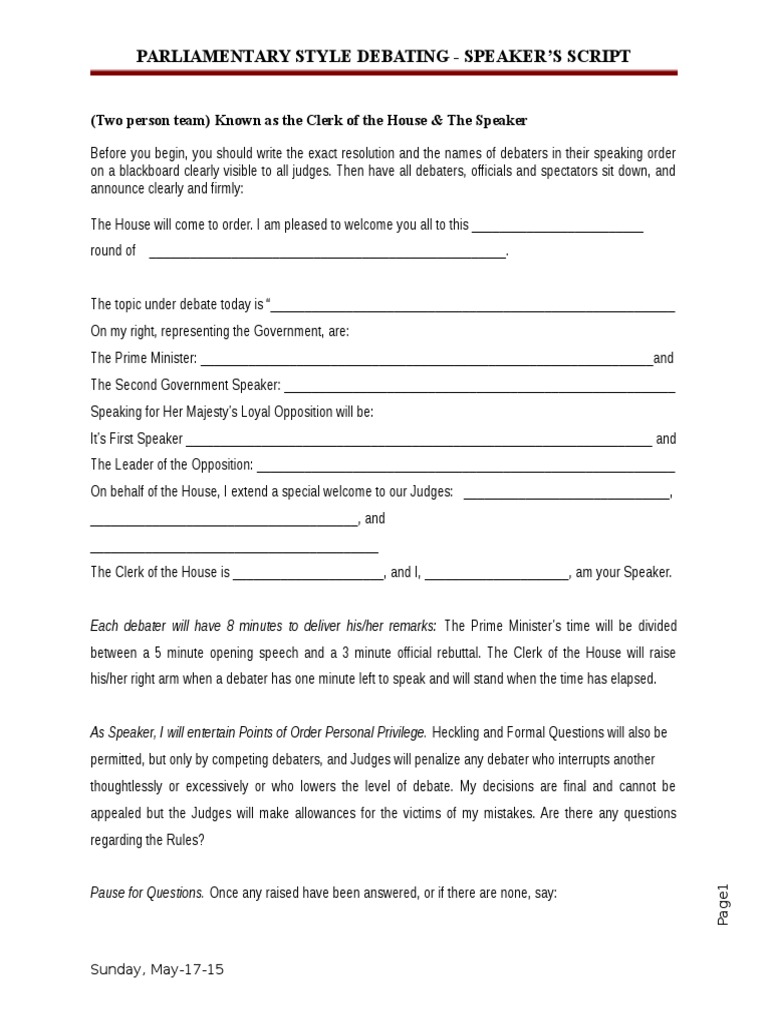 Parliamentary Debate Moderator Script | PDF