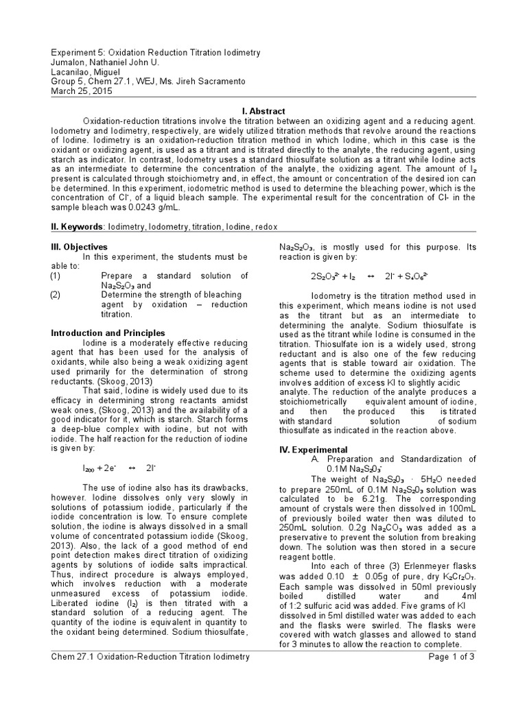 Chem 27.1 Experiment 5 Oxidation Reduction Titration Iodimetry | PDF ...