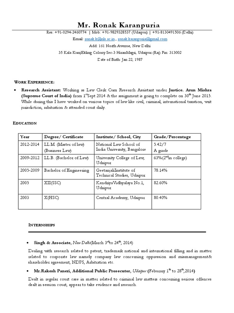 Ronak - Karanpuria NLSIU CV (B.L.) | PDF | Law School | Advocate