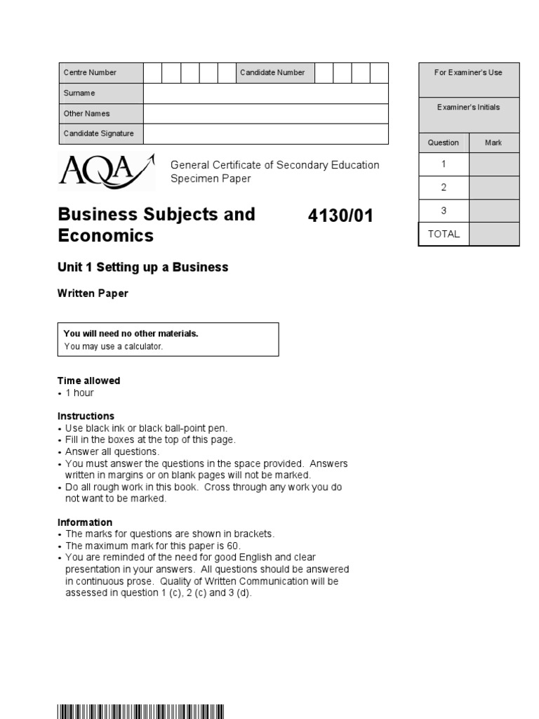 AQA GCSE Specimen Paper Business Studies Exam | PDF | Waiting Staff ...