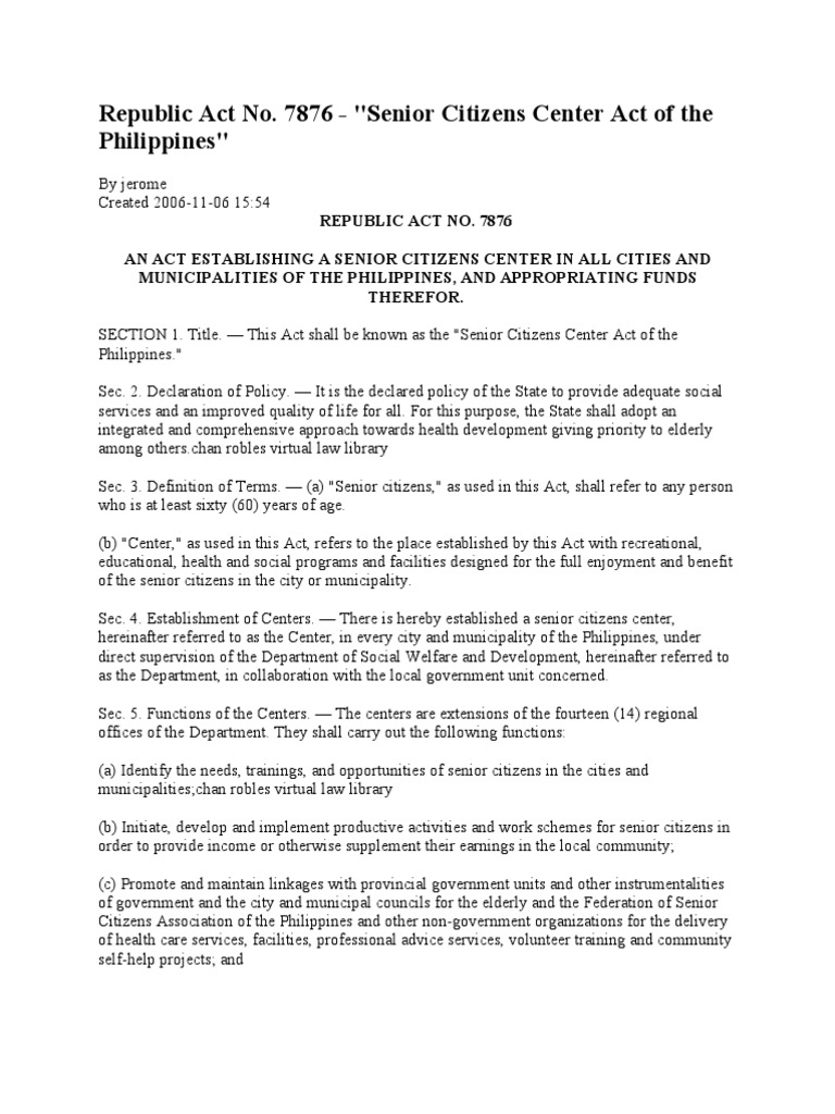 Philippine Senior Citizens Act RA 7876 | PDF | Welfare | Old Age