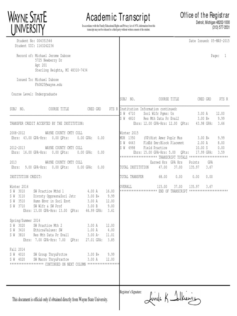 offical transcript | Graduate School | Course Credit