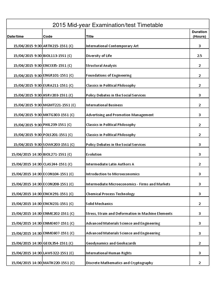 Exam Timetable Date Order | PDF | Biomechanics | Engineering