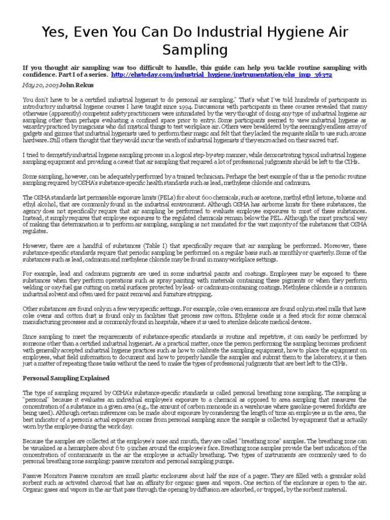 Industrial Hygiene Air Sampling | PDF | Occupational Hygiene ...