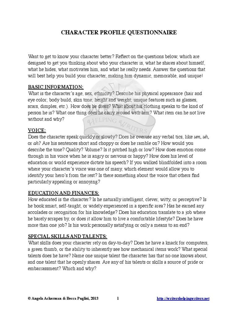 Character Profile Questionnaire | Questionnaire | Emotions