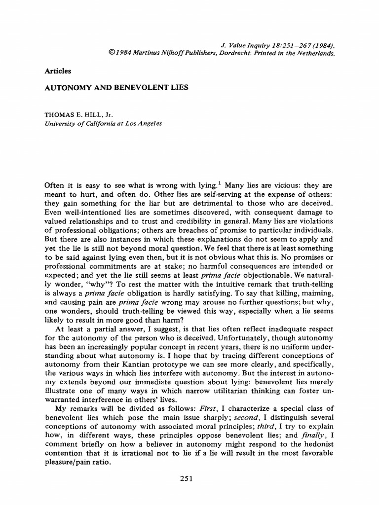 Autonomy and Benevolent Lies | PDF | Autonomy | Lie