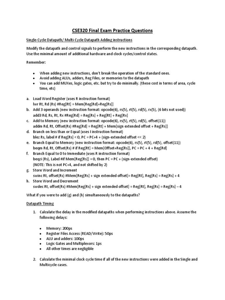 CSE320 Datapath Exam Prep | PDF | Instruction Set | Central Processing Unit